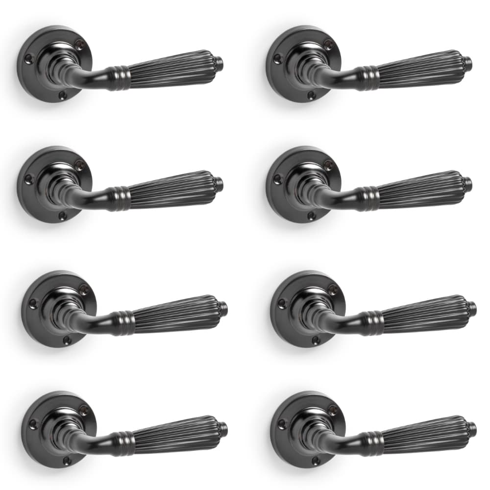 8 Pairs of Regency Reeded Lever Door Handles – Powder Coated Black ...