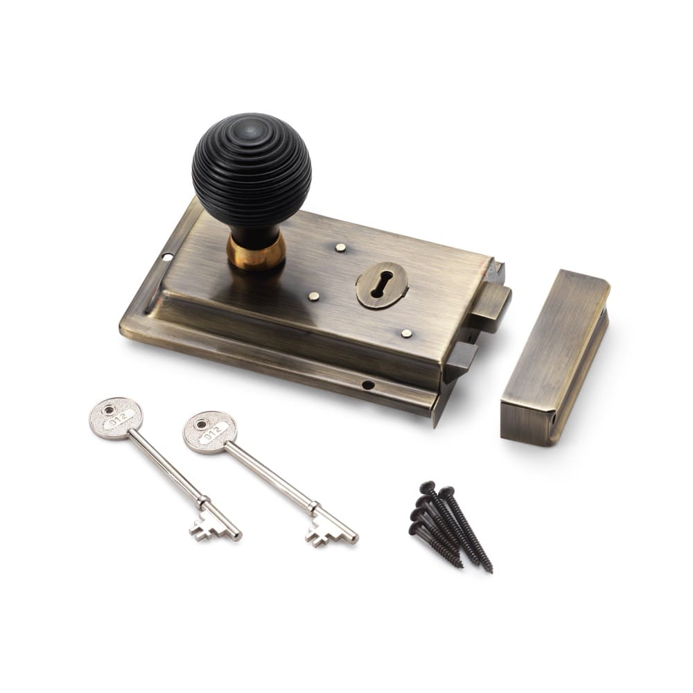 Antique Brass Flanged Rim Lock with Ebony Beehive Door Knobs – ABHardware