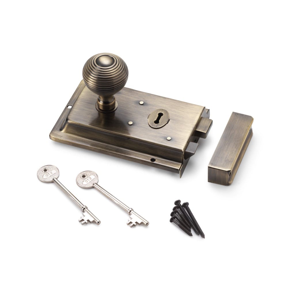 Antique Brass Rim Lock with Hollow Antique Brass Beehive Knobs – ABHardware