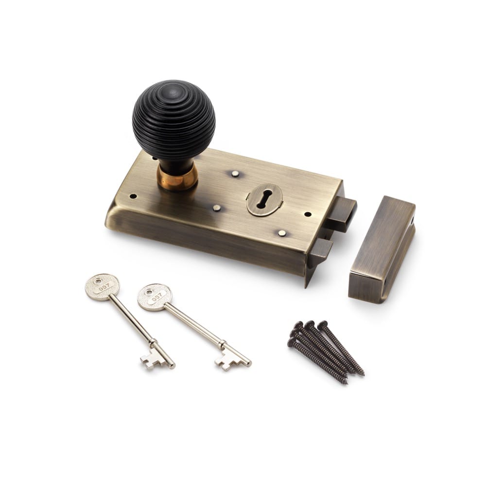 Antique Brass Rim Lock with Ebonised Beehive Door Knobs – ABHardware