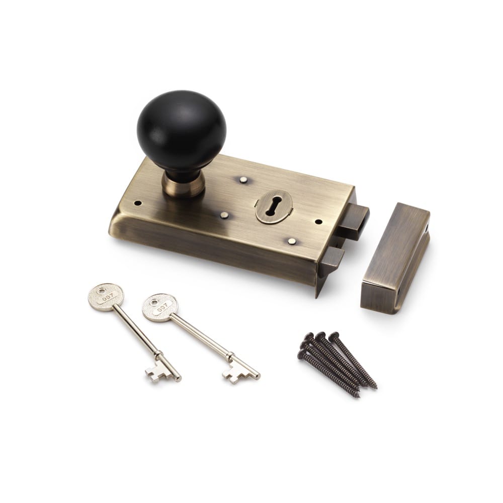 Antique Brass Rim Lock with Ebonised Bun Door Knobs – ABHardware