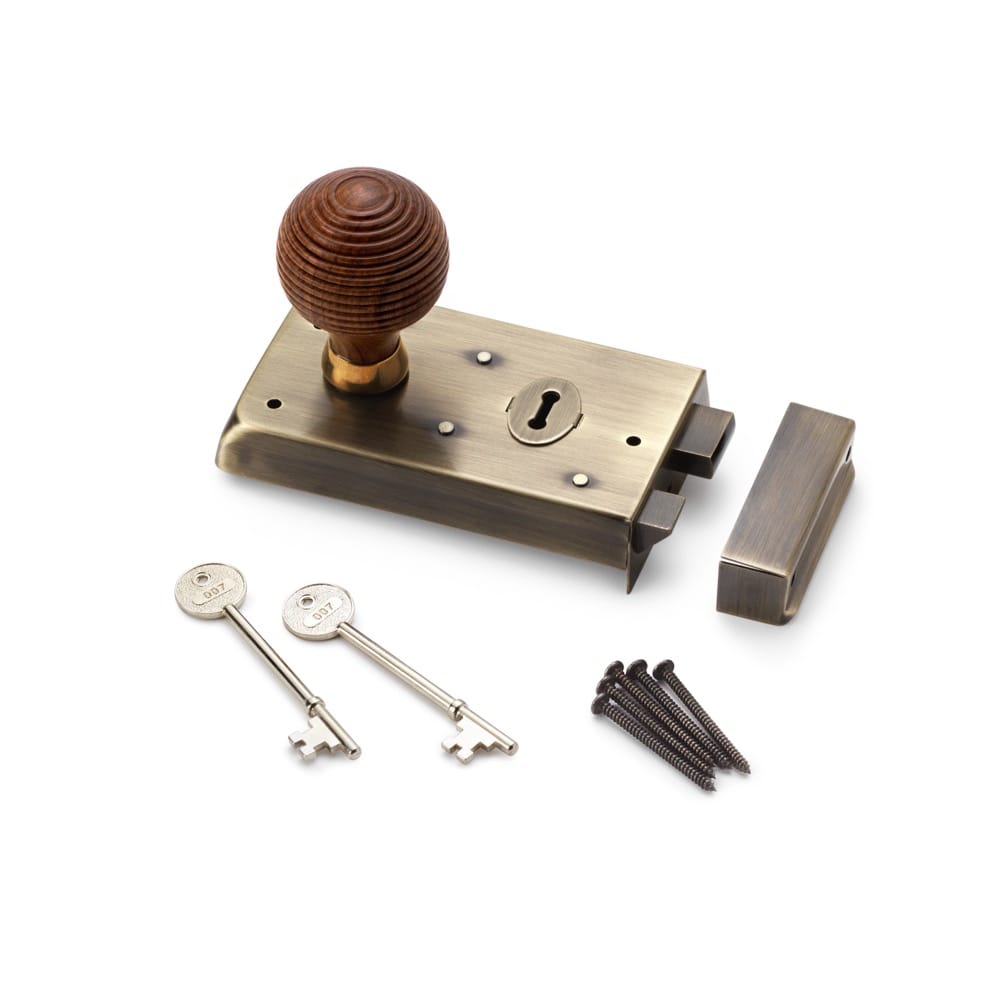 Antique Brass Narrow Rim Lock & Rosewood Aged Brass Beehive Knobs ...