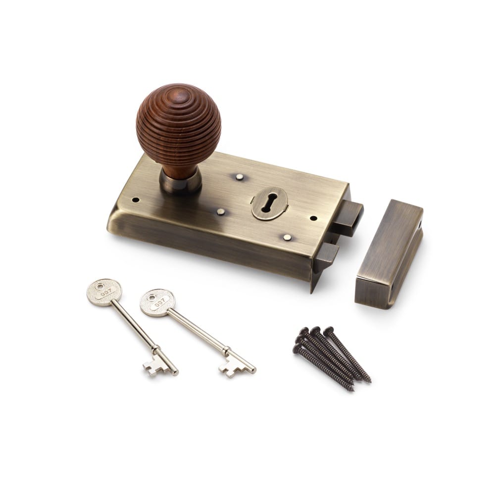 Antique Brass Narrow Rim Lock with Rosewood Beehive Door Knobs – ABHardware