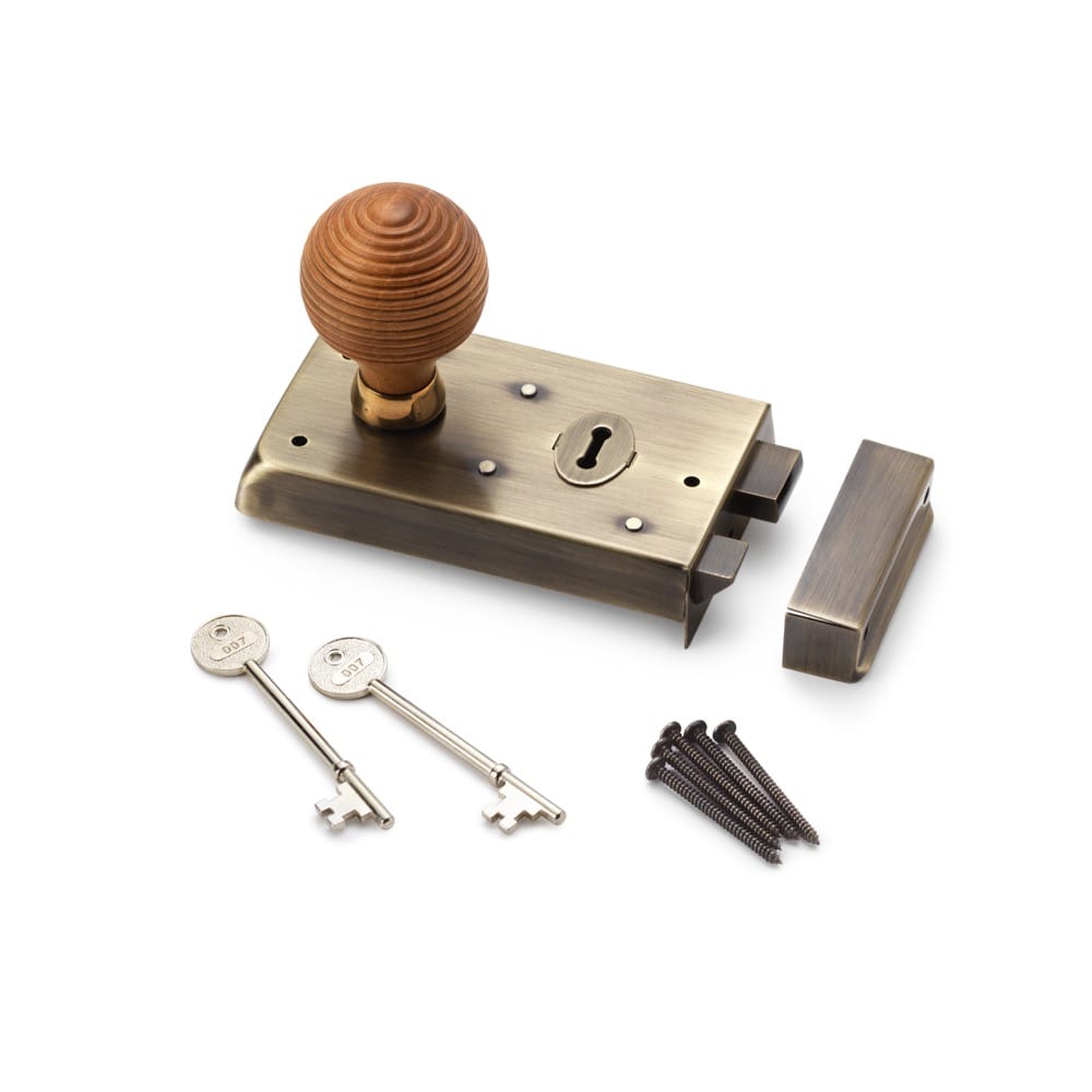 Antique Brass Narrow Rim Lock with Teak Beehive Door Knobs – ABHardware