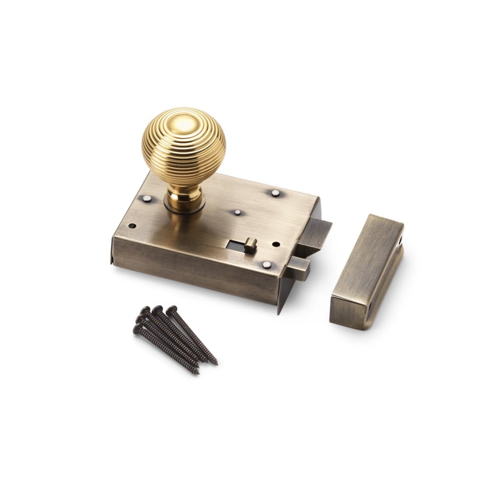 Antique Brass Rim Latch Lock with Hollow Brass Beehive Knobs – ABHardware