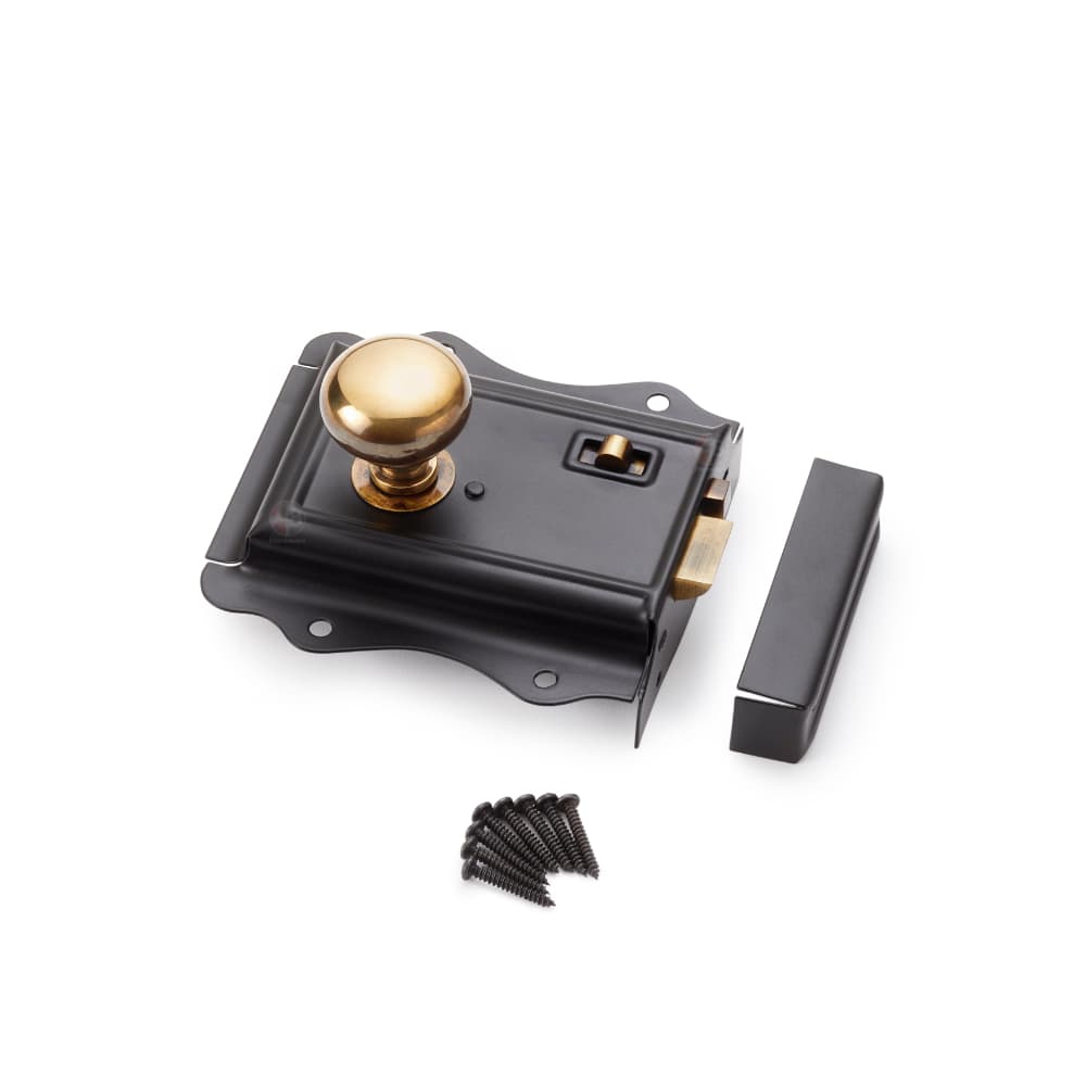 Black Victorian Rim Lock with 40mm Aged Brass Cottage Door Knobs ...