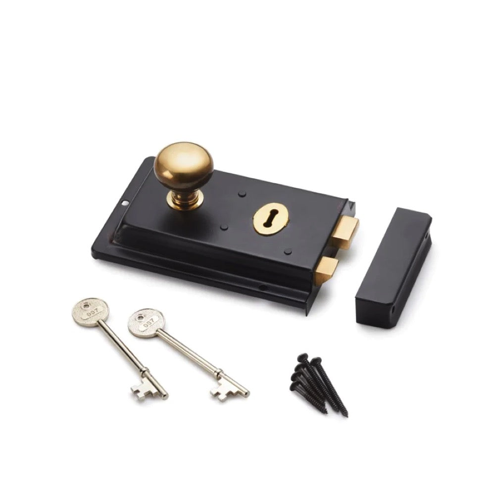 Black Rim Lock with 40mm Aged Brass Cottage Door Knobs – ABHardware
