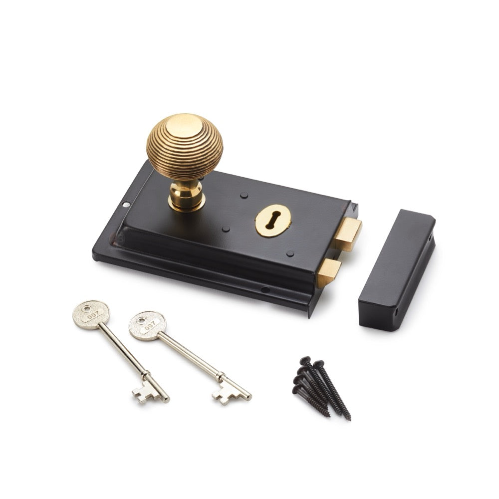 Black Flanged Rim Lock with Heavy Aged Brass Beehive Knobs – ABHardware