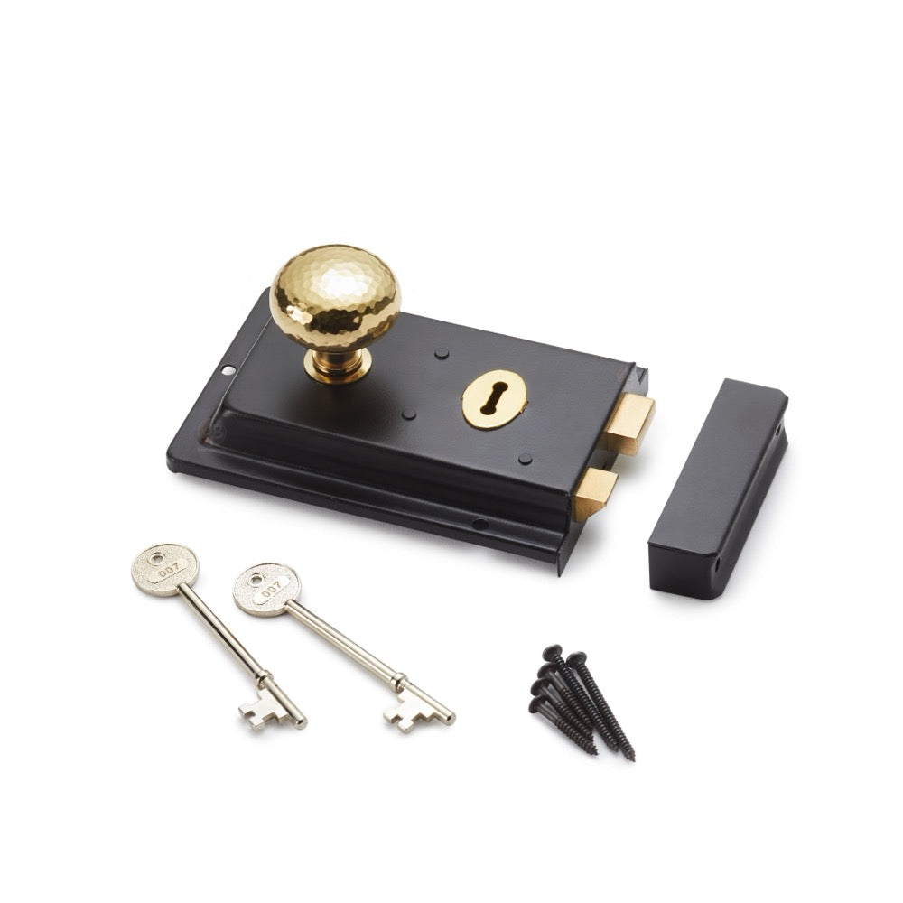 Black Brass Flanged Rim Lock Polished Brass Hammered Cottage Door Knobs ...