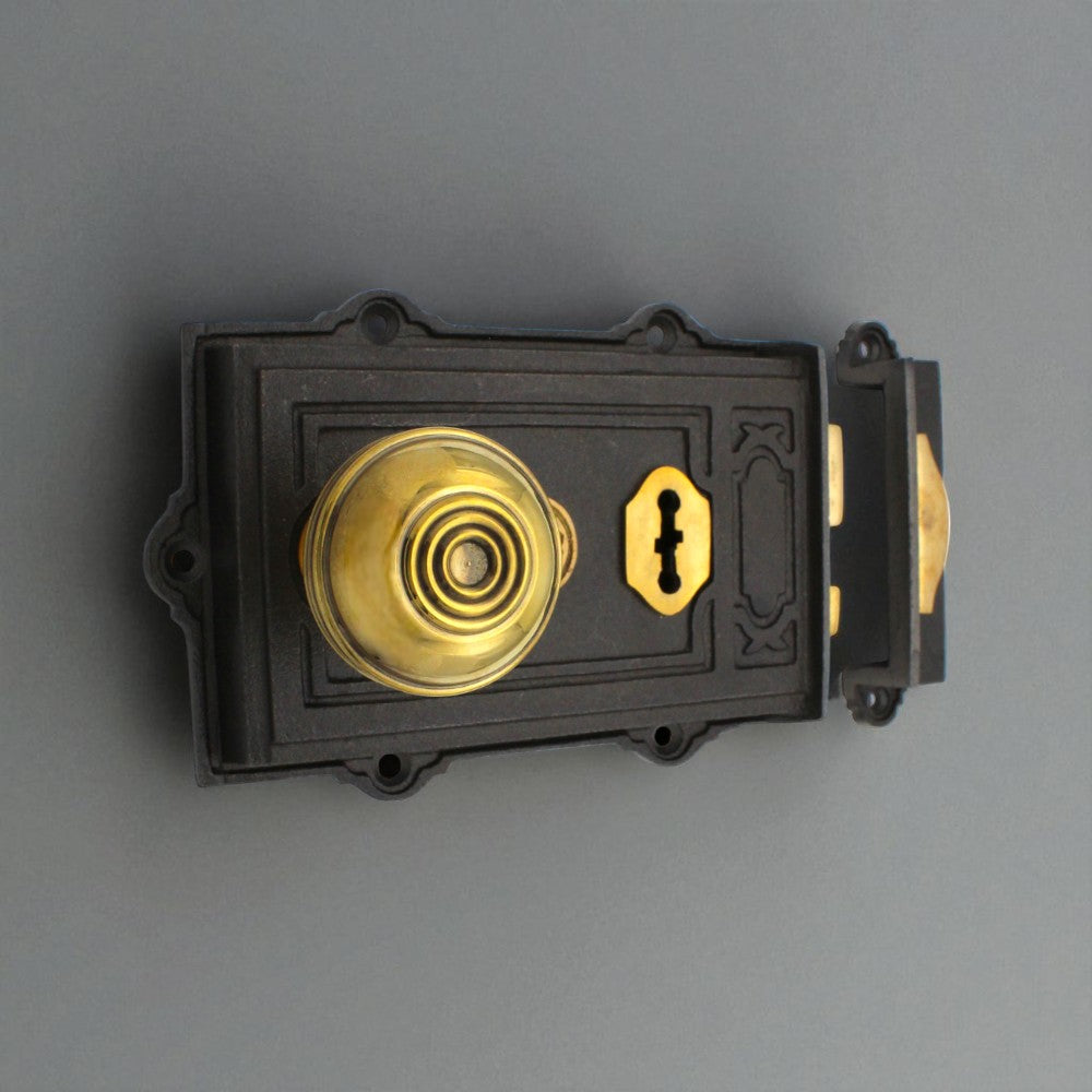Cast Iron Davenport Rim Lock Aged Brass Bloxwich Door Knobs Knob Set ...