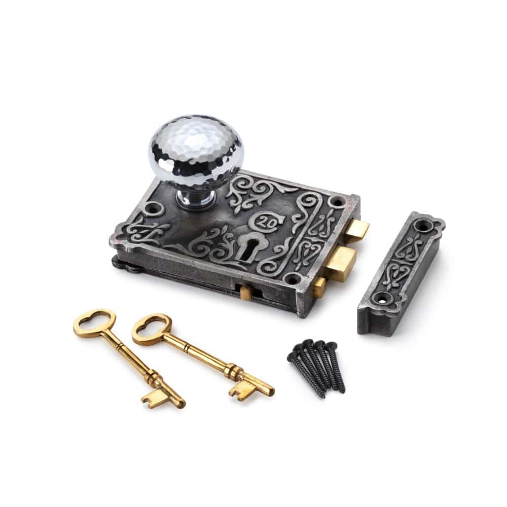 Cast Iron Floral Rim Lock Polished Chrome Hammered Cottage Door Knobs ...