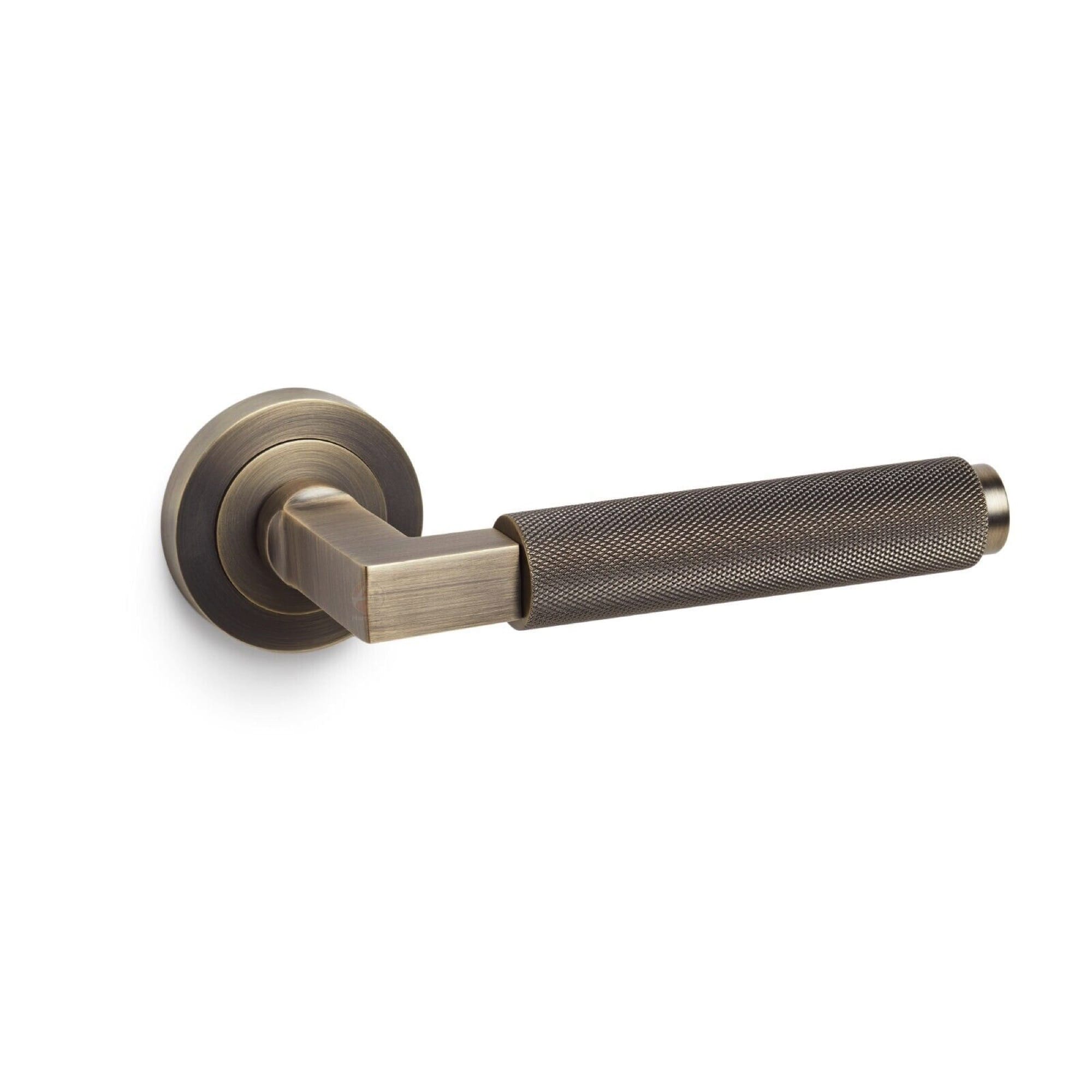 Knurled Antique Brass Internal Door Handle Pair Lever on Round Rose ...