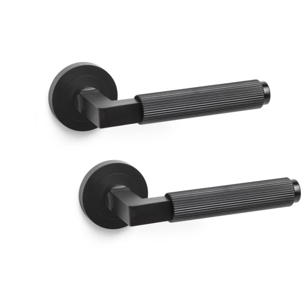 Linear Reeded Black Internal Door Handle Pair Lever Round Rose Sprung ...