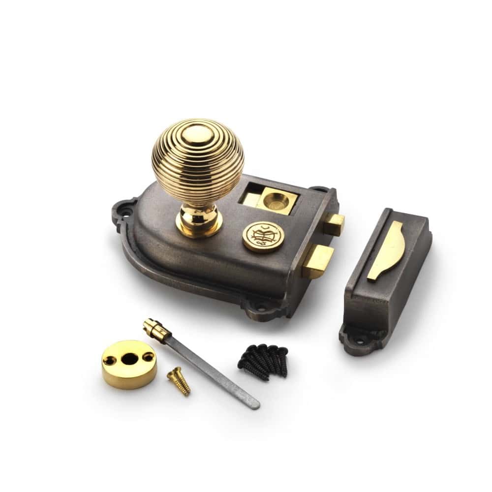 Pewter Cromwell Rim Lock & Aged Brass Beehive Knobs – ABHardware