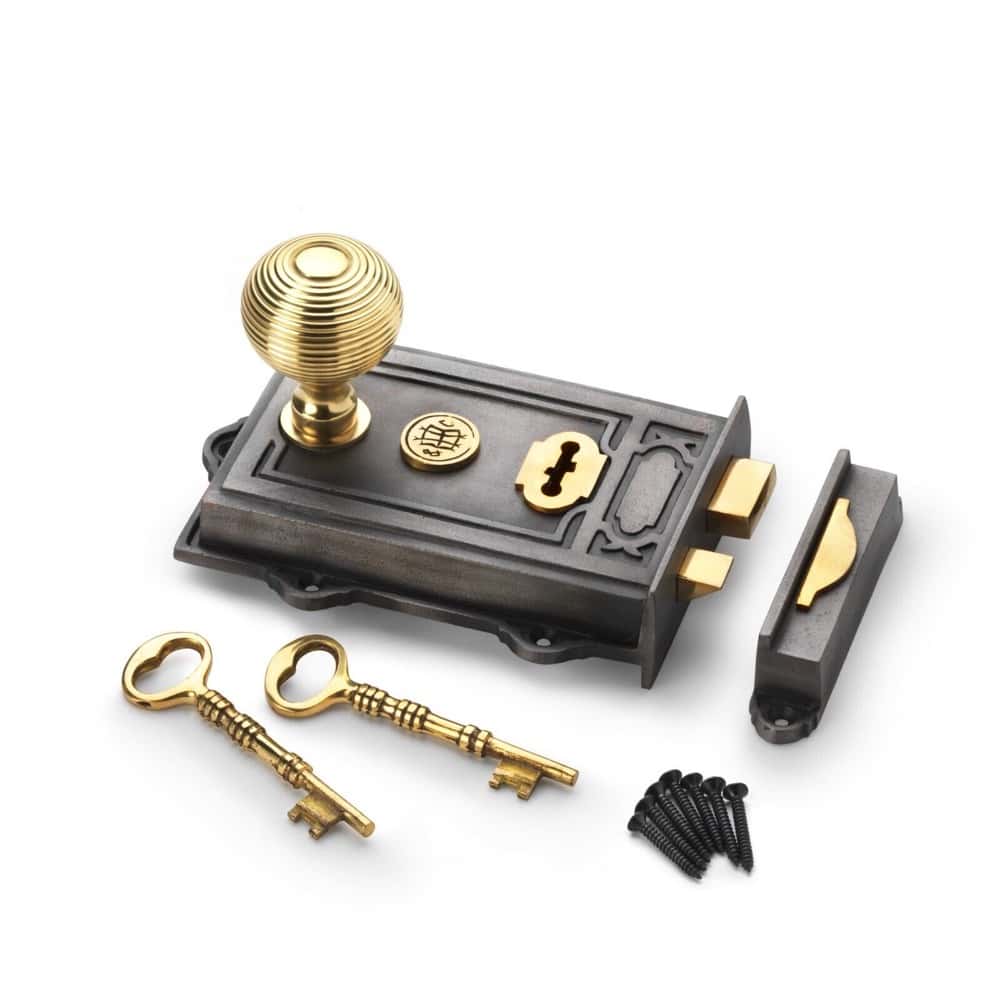 Pewter Davenport Rim Lock Polished Brass Beehive Knobs – ABHardware