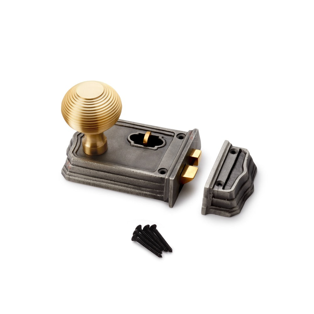Small Victorian Gothic Rim Lock Satin Brass Beehive Knobs – ABHardware